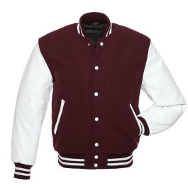 Maroon And White Leather Sleeves Letterman College Varsity Jacket