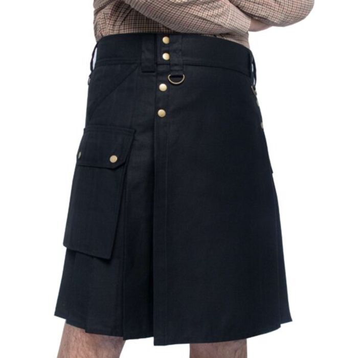 Scottish Designer Utility Kilts for Men Black Cotton Kilt